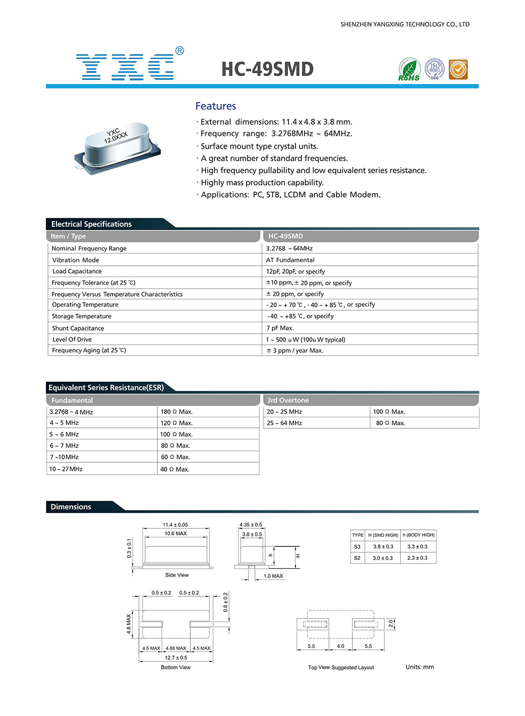 Xtal HC-49SMD Quartz Crystal | YXC